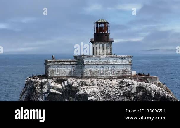 Tillamook Lighthouse Pacific Ocean Shore Coast aerial view Stock Video ...