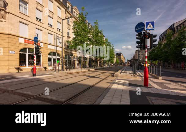 Trams stopping at a stop in central Luxembourg. Time lapse clip Stock ...