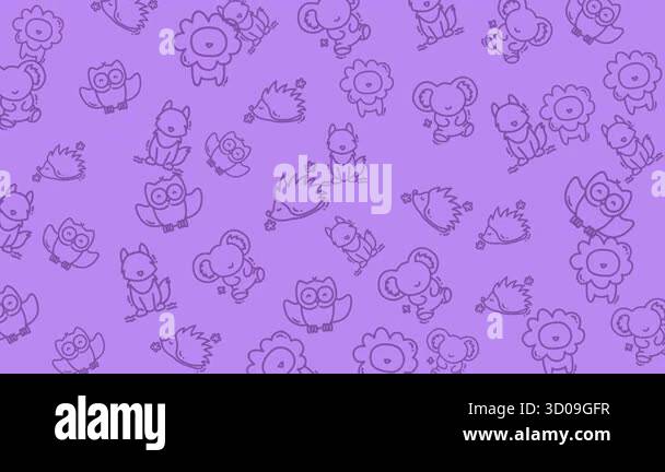 Seamless pattern of koala, owl, fox, hedgehog and lion motifs in purple ...