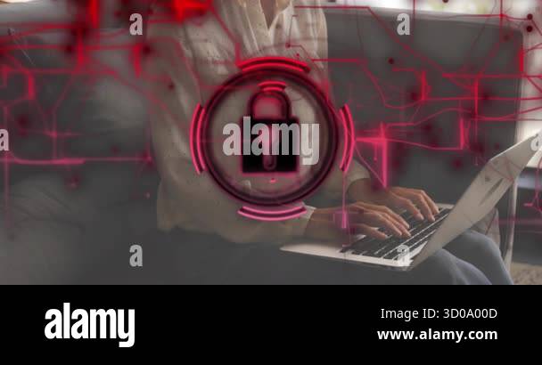 Woman typing on laptop while red lines forming grid around pulsing ...
