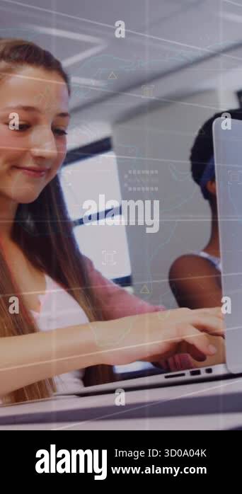 Animation of trading board over caucasian teacher with multiracial ...