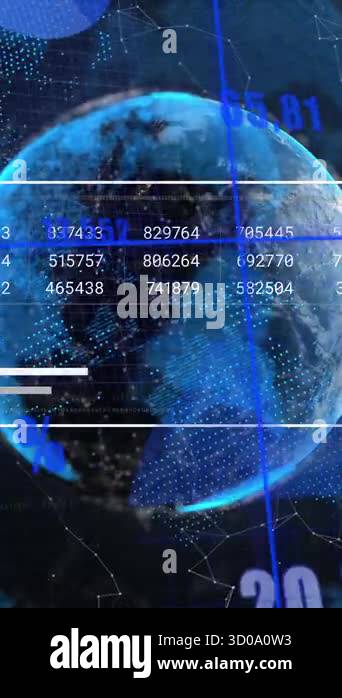 Animation of changing numbers, graphs and bats over connected dots ...