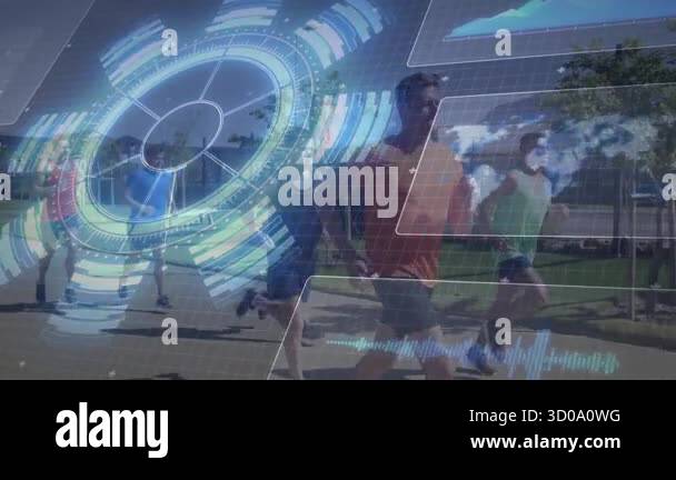 Six male runners entering frame and initiating fitness HUD showing ...