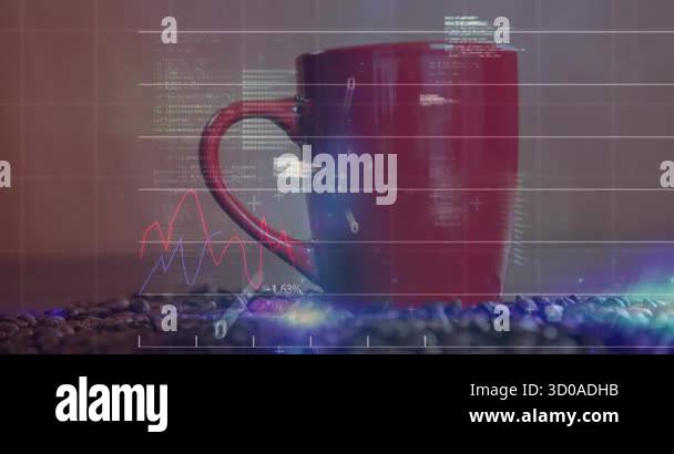 Code grid lines sliding in over red ceramic mug amid coffee beans ...
