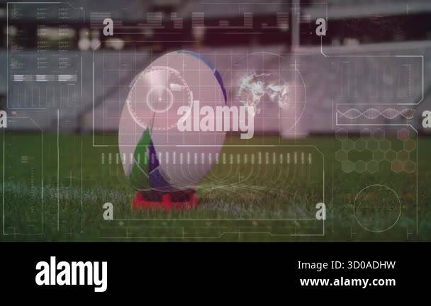 Camera revealing soccer ball on red kicking tee with scanning overlay ...