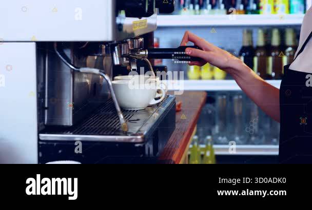 Machine activating, water flowing through coffee as barista pulling ...