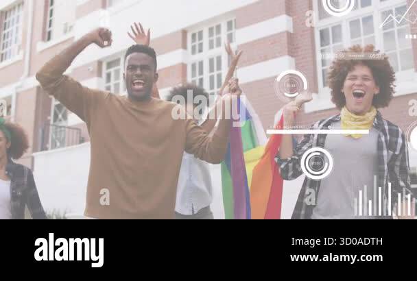 Friends walking forward lifting pride flag with animated charts showing ...