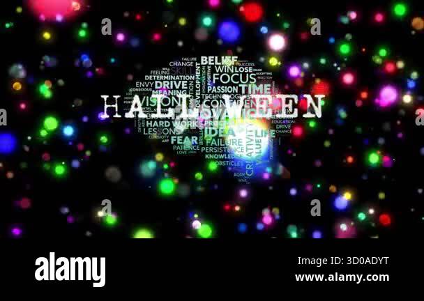 Dots drifting, revealing Halloween stencil, forming motivating word ...