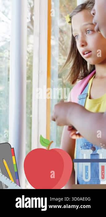 School supplies animation over children with backpacks talking near ...