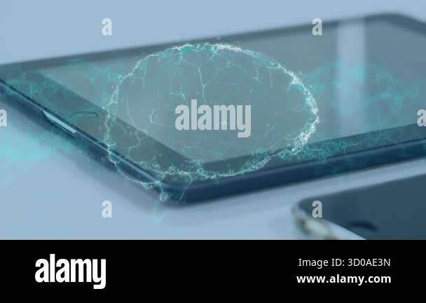 Holographic brain emerging on tablet migrating across smartphone to ...
