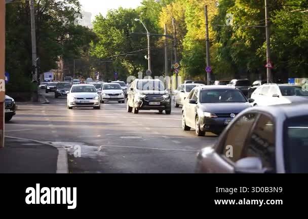 Car traffic at rush hour in downtown area of the city. Car pollution ...