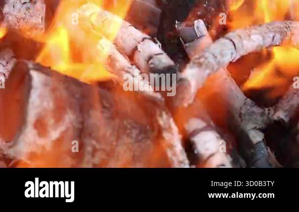 Burning fire in an outdoor grill. Firewood burns in the grill, cooking ...