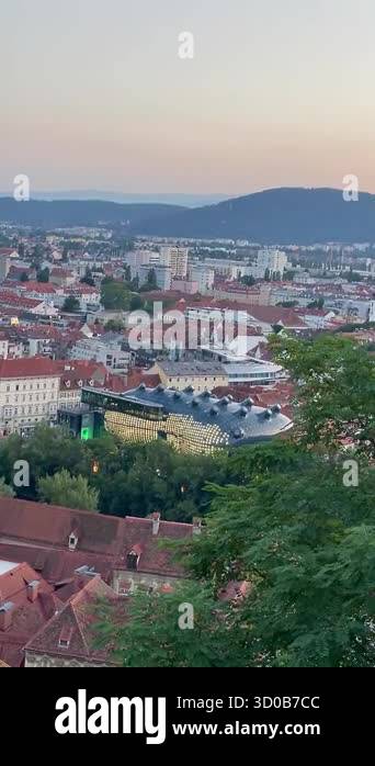 Panoramic view of Kunsthaus Graz, Austria. Panoramic view of Graz city ...