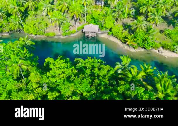 Aerial view of a wooden hut on stilts beside a clear blue-green river ...