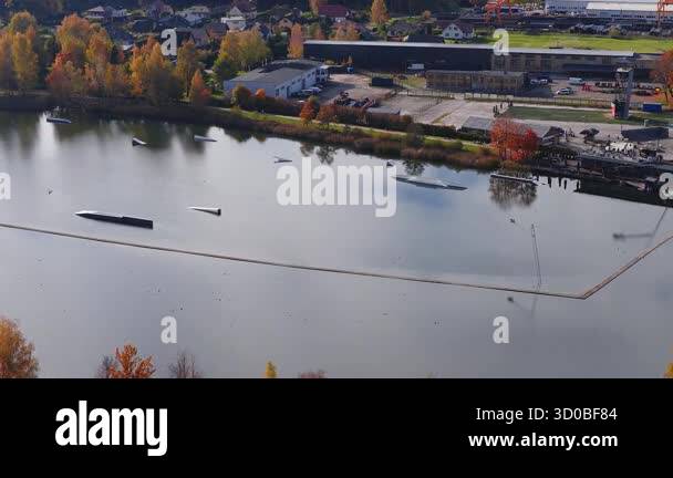 Aerial high angle view shows Jelgava lake, Latvia, with cable ...