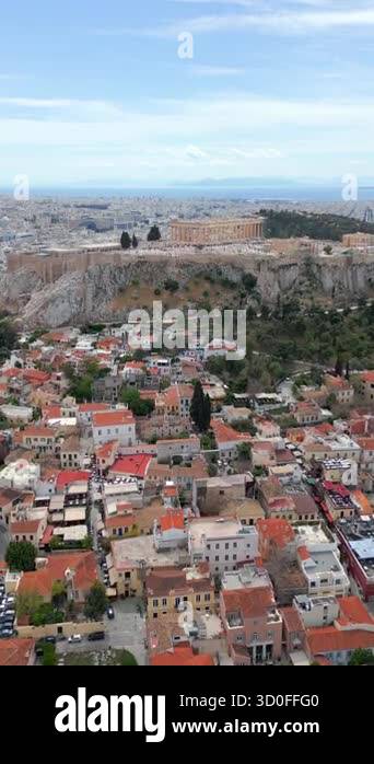 Aerial view of the Acropolis hill with the Parthenon temple above the ...