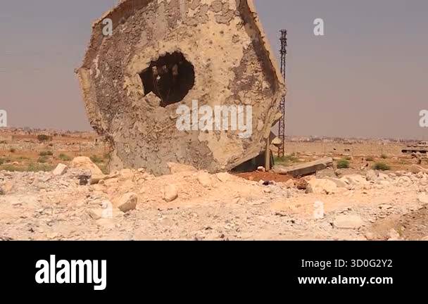 Destroyed water tank in Aleppo, Syria, shows severe water scarcity and ...
