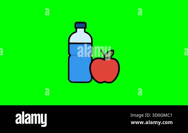 Water Bottle and Apple Animation in Minimal Cartoon Style on Bright ...