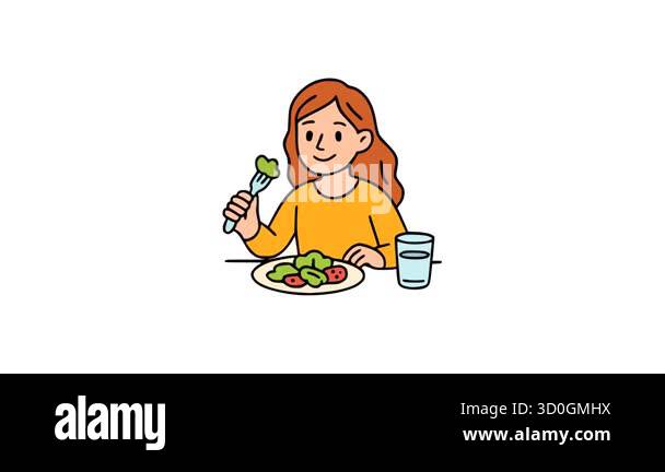 Flat Style Animation of Girl Enjoying Fresh Vegetable Meal and Drinking ...