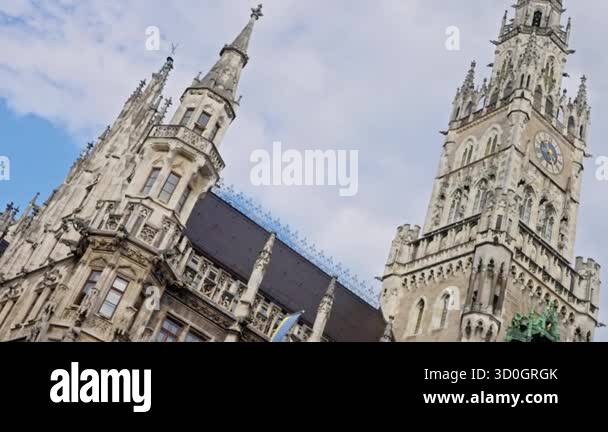 Clock Tower or Glockenspiel close-up, Munich, Germany. Looking up ...