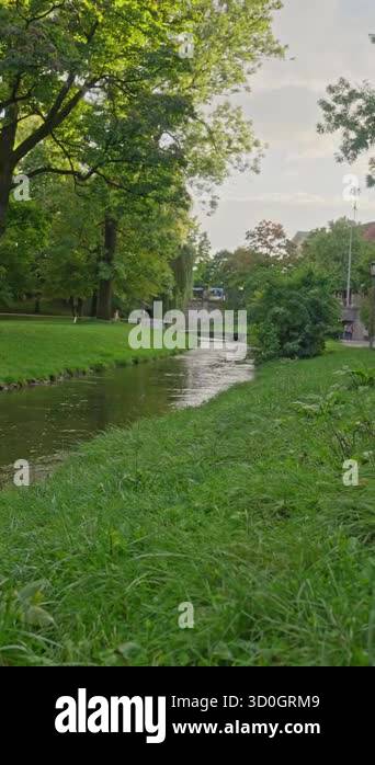 A peaceful and tranquil park scene featuring a gently flowing stream ...
