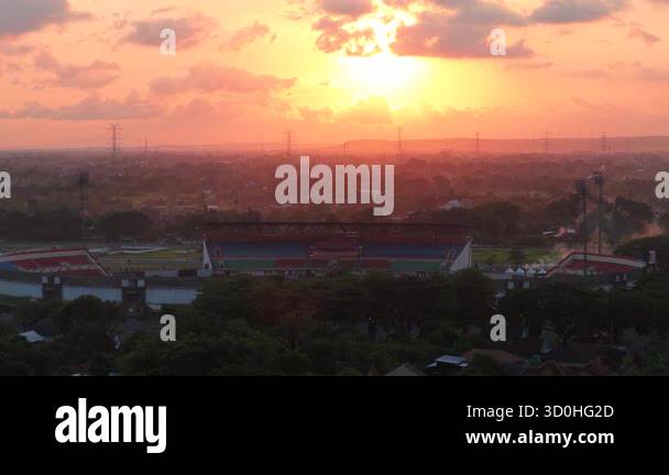 Aerial view of beautiful sunset and silhouette of lights and Sultan ...