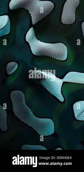 Morphing liquid shapes with a linear texture on a dark green background ...