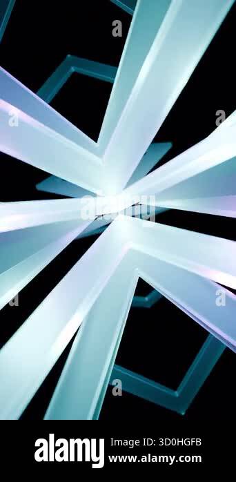 Turquoise glowing beams are rotating on a black background with a ...