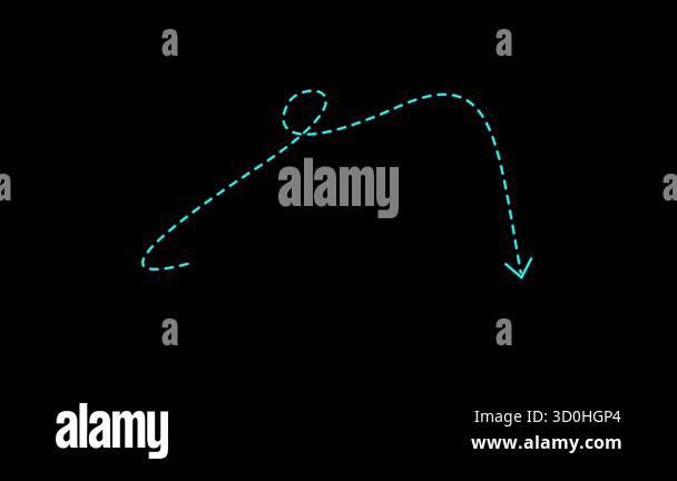 Animated cyan down arrow with dotted line on a dark background in 4k ...