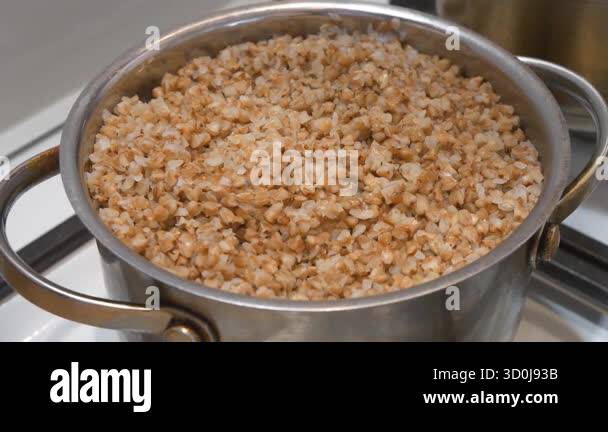 Boiled buckwheat, kasha. Pot of buckwheat porridge is on gas stove ...