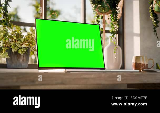 Laptop green screen mockup, slow and smooth camera movement - left ...