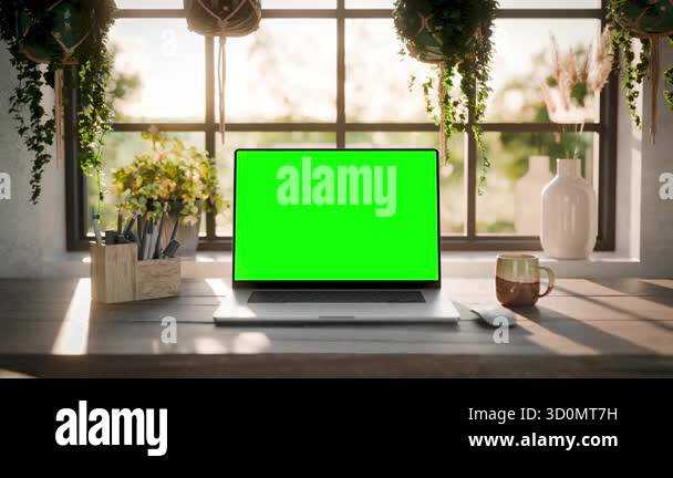 Laptop green screen mockup front view on desk with natural light and ...
