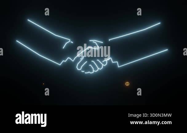 Two hands appear to be shaking hands in neon light, symbolizing unity ...