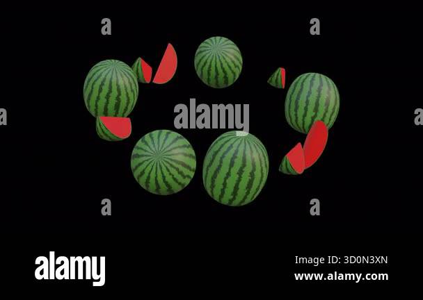 3D Watermelons and Slices Rotating in a Circle on Transparent ...