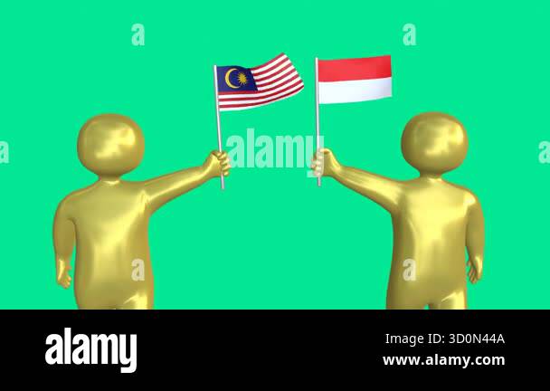 3D animation of two golden characters holding flags of Indonesia and ...