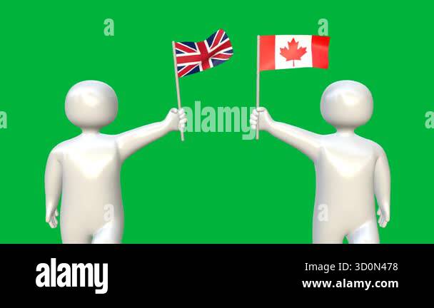 3D animation of two white characters holding flags of Great Britain and ...