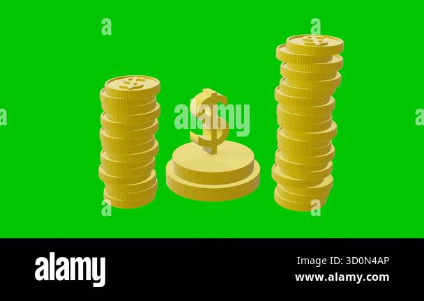 Stacks of Gold Coins and Rotating 3D Dollar Symbol on Green Background ...