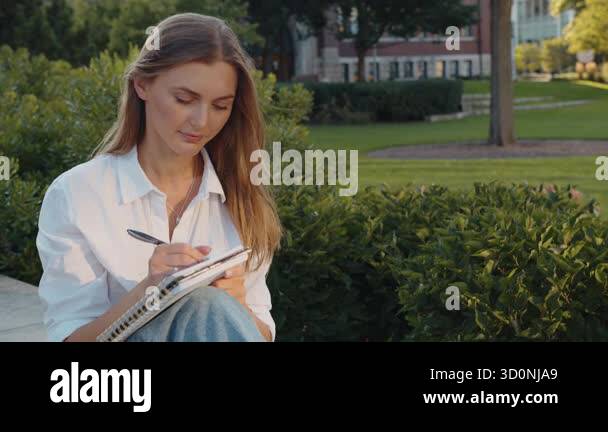 Smiling woman writing diary holding pen in urban area. Attractive girl ...