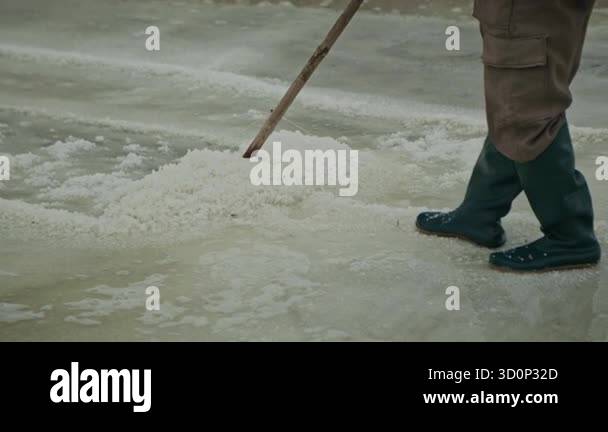 Worker in rubber boots rakes wet salt in pile with wooden tool in ...