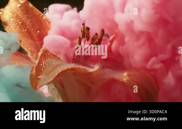 Underwater bloom. Color mix. Defocused wet red lily flower pink blue ...