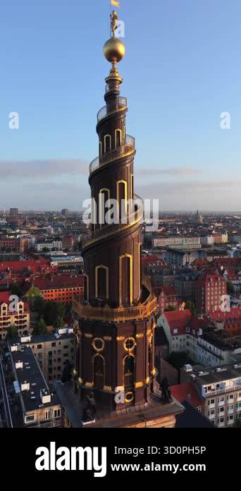 Aerial drone view of the iconic spiral tower of the Church of Our ...