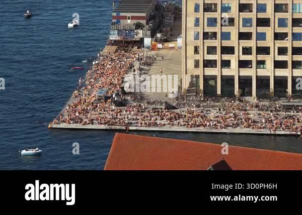 Aerial drone view of the busy Islands Brygge waterfront filled with ...