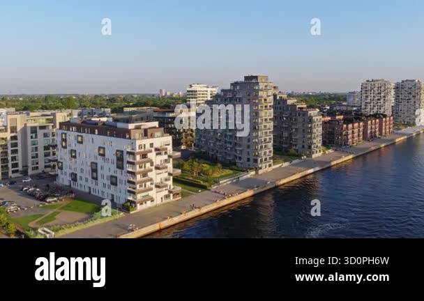 Aerial drone view of modern canalside apartments in the Sluseholmen ...