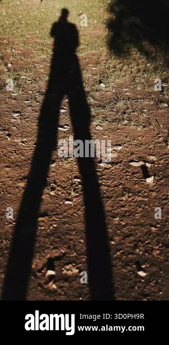 Long human shadow stretching on earthy ground during golden hour ...