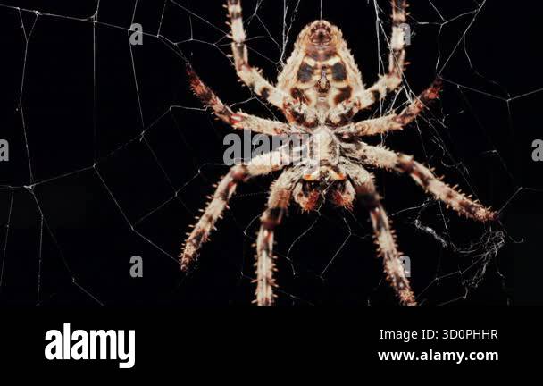Close up of a spider sitting in its web, showing intricate details of ...