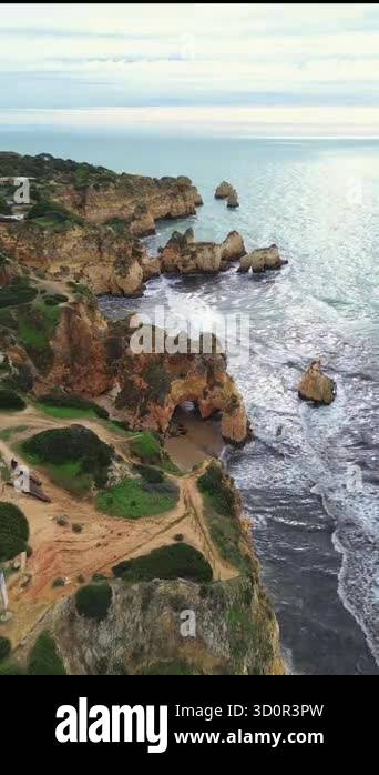 Portugal coast, beautiful cliffside scenery. Aerial view Stock Video ...