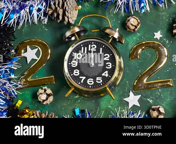 New Year 2026 Celebration With Clock, Gold Numbers, And Festive Tinsel ...