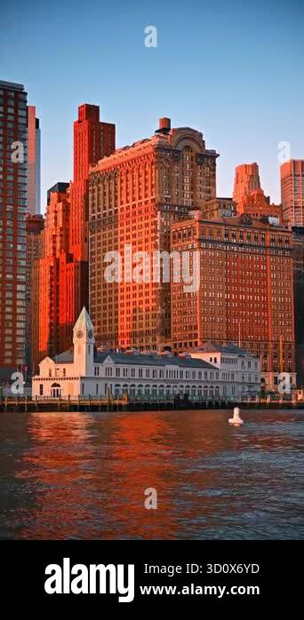Sunset view of historic red buildings in New York City. Warm sunset ...