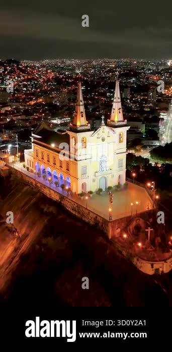 Night cityscape of Basilica of Penha at Rio de Janeiro Brazil. Medieval ...