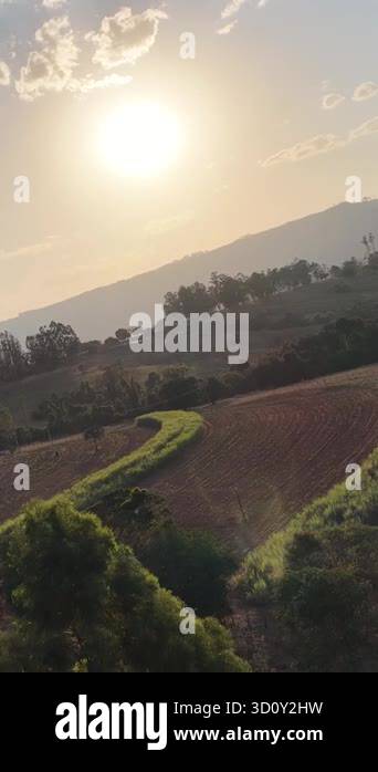 Sunset Skyline at Scenic Green Valley Mountains. Rural Life Scene ...